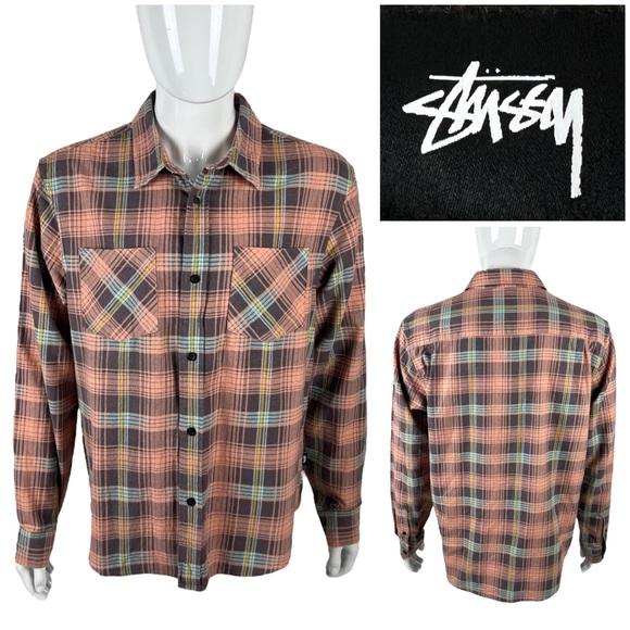 Stussy | Shirts | Stussy Mens Large Shirt Plaid Flannel Salmon Mid ...